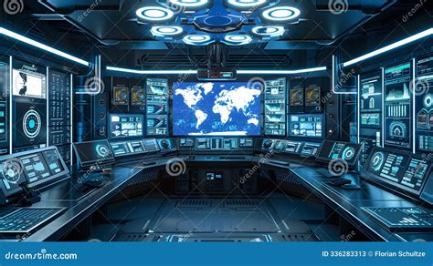 High Tech Control Room With Advanced Digital Screens Stock Illustration Illustration Of