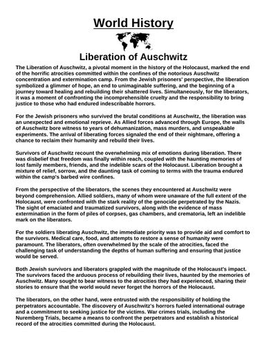 Liberation Of Auschwitz Article And Questions” Assignment World War Ii