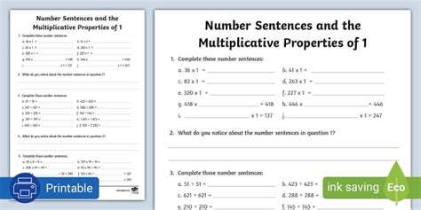 Number Sentences And The Multiplicative Properties Of 1 Activity Sheet
