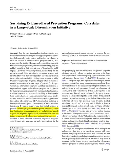Pdf Sustaining Evidence Based Prevention Programs Correlates In A
