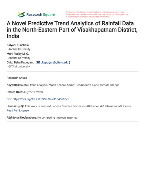 PDF A Novel Predictive Trend Analytics Of Rainfall Data In The North Eastern Part Of