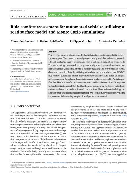 Pdf Ride Comfort Assessment For Automated Vehicles Utilizing A Road Surface Model And Monte