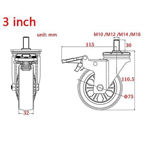 Caster Wheels 4 Pcs M16 Thread Heavy Duty Wheels With Brake Universal 360 Swivel Nature Trolley