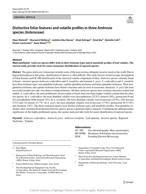 Distinctive Foliar Features And Volatile Profiles In Three Ambrosia Species Asteraceae