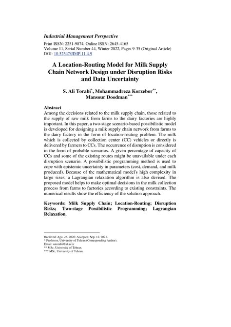 pdf a location routing model for milk supply chain network design