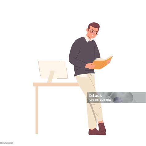 남자 선생님은 근처에 서 있는 책을 읽고 있다 교실 책상 테이블 벡터 삽화 흰색으로 격리 강사에 대한 스톡 벡터 아트 및 기타