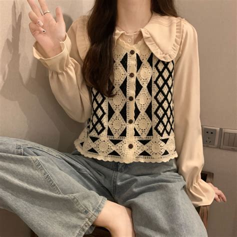 클로디 에스닉 뜨개 레이스 조끼 레트로 큐티 블라우스