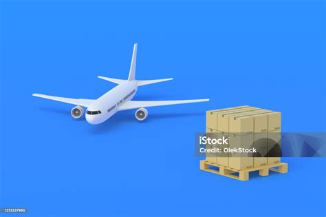 파란색 배경에 팔레트에 상자의 스택 근처 비행기 상품의 국제 운송 글로벌 물류 공기로 배송 에어메일 컨셉입니다 운송 회사 서비스 3d 렌더 바람에 대한 스톡 사진 및 기타