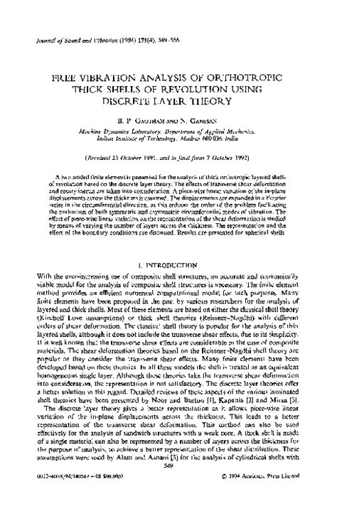 Pdf Free Vibration Analysis Of Orthotropic Thick Shells Of Revolution Using Discrete Layer Theory