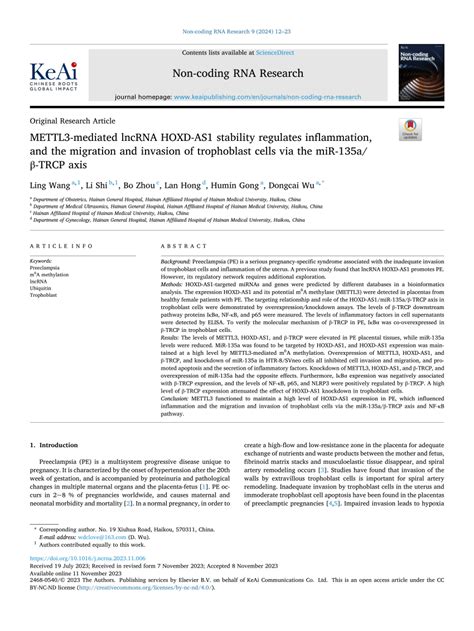 Pdf Mettl3 Mediated Lncrna Hoxd As1 Stability Regulates Inflammation