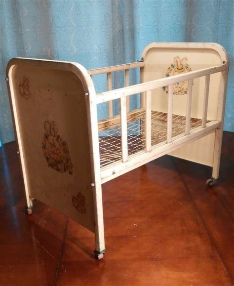 Vintage Antique Dolly Doll E Crib Amsco 1950s Metal Toy Yellow Wood
