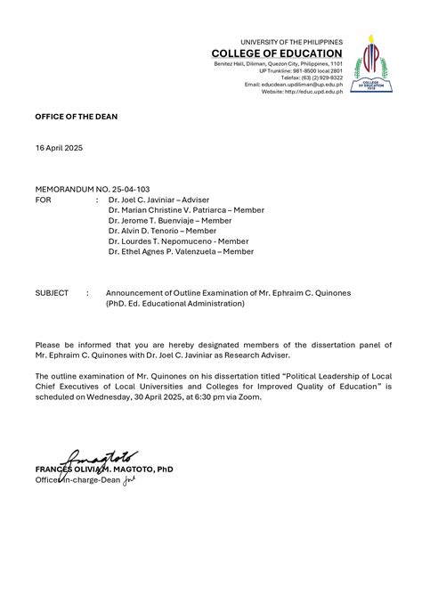 Announcement Of Outline Examination Of Mr Ephraim C Quinones Phd Ed