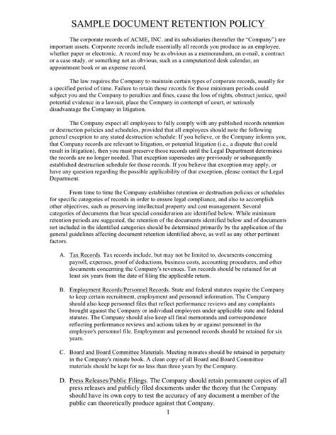 Sample Document Retention Policy In Word And Pdf Formats