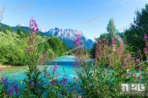 Outlook Karwendelgebirge Isarstausee Germany Bavaria Upper Bavaria