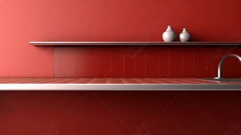 단색 빨간색 3d로 렌더링된 갈색 타일 벽 주방 카운터의 비어 있는 클로즈업 보기 로즈 배경 테이블 탑 배경 빨간 타일 배경 이미지 Hd 로즈 테이블 탑 빨간