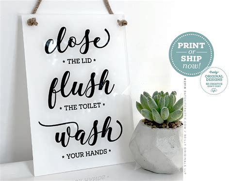 Cute Bathroom Sign Close Lid Flush Toilet Wash Hands Ready Etsy