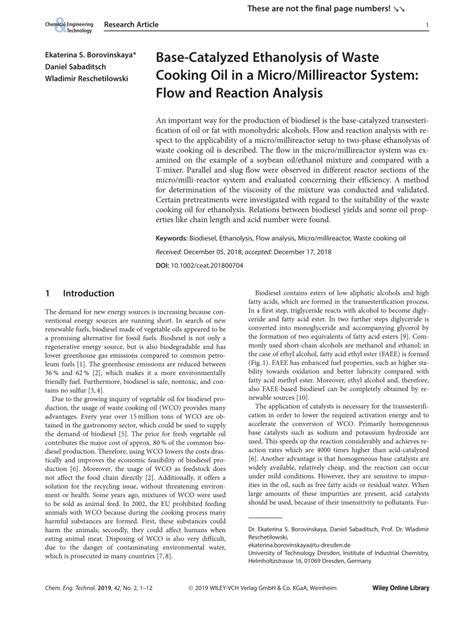 Pdf Base Catalyzed Ethanolysis Of Waste Cooking Oil In A Micro