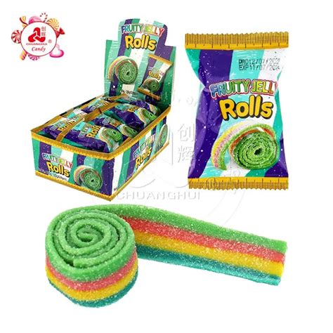 Supply Halal Fruity Jelly Roll Candy Long Belt Candy Rainbow Sour Soft Gummy Candy Ch J338