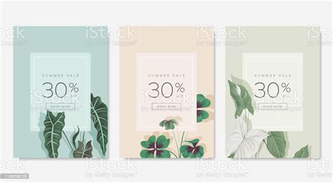 식물 여름 판매 배너 템플릿 디자인 세트 알 Ocasia 폴 리 식물 블루 Oxalis 테 트 라파 또는 행운의 클로버에 라이트