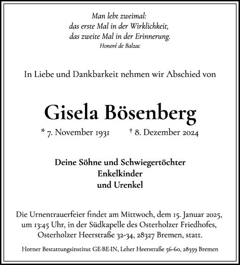 Traueranzeigen Von Gisela Bösenberg Trauer And Gedenken