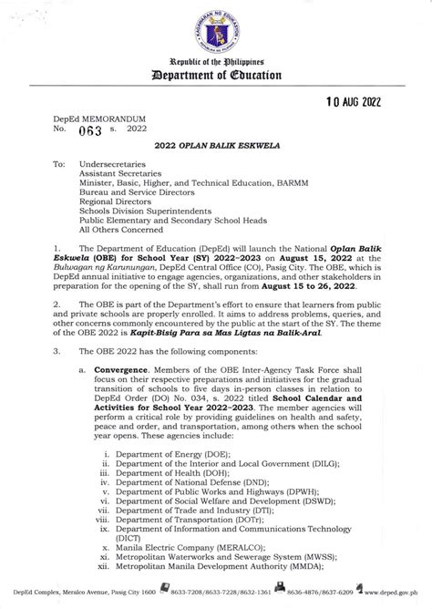 Deped Memorandum No 63 S 2022 Or The 2022 Oplan Balik Eskwela Obe