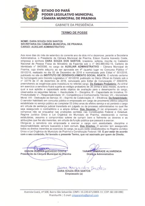 Termo De Posse Auxiliar Administrativo 3 Câmara Municipal De Prainha