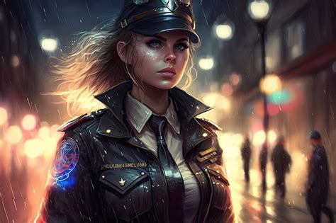 Premium Photo Portrait Of Beautiful Cop Girl On Street In Rain At Night Generative Ai