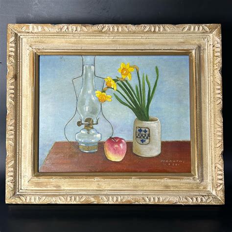 Yahoo オークション 油彩肉筆画 静物画 テーブル 水仙 リンゴ ランプ