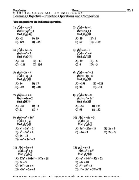 Precalculus Notes Operations On Functions Worksheet Operations