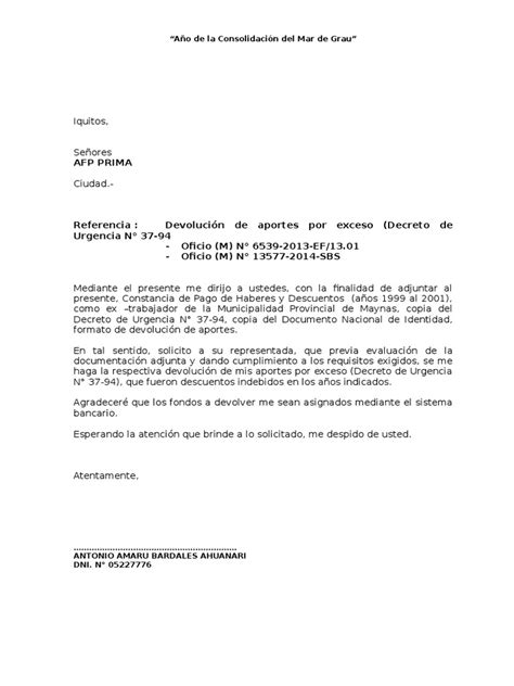 Carta Devolucion De Aportes Pdf