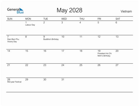 Printable May 2028 Monthly Calendar With Holidays For Vietnam