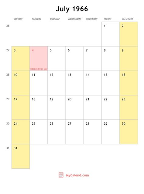 July 1966 Calendar With Holidays Monthly Printable Calendar