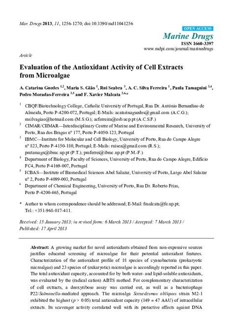 Pdf Evaluation Of The Antioxidant Activity Of Cell Extracts From