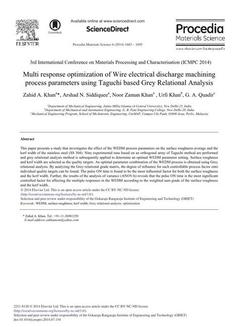 pdf multi response optimization of wire electrical discharge