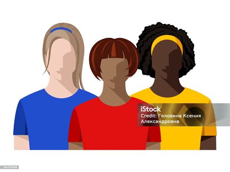 젊은 여성 다른 인종의 여자 피부 색상과 화려한 티셔츠에 머리 다양에 대한 스톡 벡터 아트 및 기타 이미지 다양 다양성