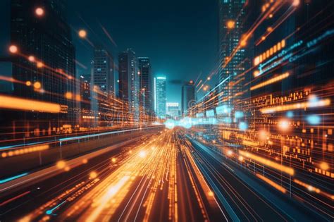 Dynamic Data Flow In Urban Background At Night By Generative Ai Stock Illustration