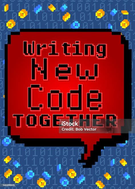 새 코드를 함께 작성합니다 기하학적 그래픽 배경이 있는 픽셀화된 텍스트입니다 벡터 만화 그림입니다 Brand Name Video Game에 대한 스톡 벡터 아트 및 기타