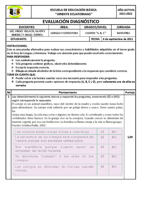 Pruebas De Diagnóstico Cuarto 2021 Escuela De EducaciÓn BÁsica