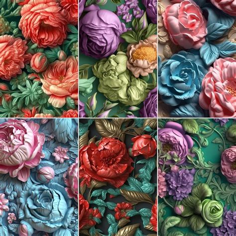 Floral 3d Embossed Seamless Pattern Collection Realistic Etsy