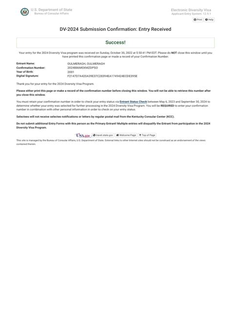 Confirmation Of Diversity Visa Program Entry For 2024 Pdf Travel