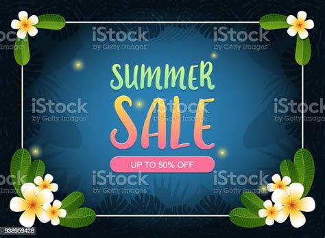 여름 판매 배경 Frangipani 이국적인 꽃과 열 대 잎 얇은 흰색 프레임 Plumeria 잎 여름 휴가 개념 벡터 일러스트 레이 션 0명에 대한 스톡 벡터 아트 및