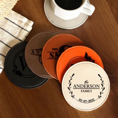 Personalized Leather Coaster Set With Holder Engraved Housewarming