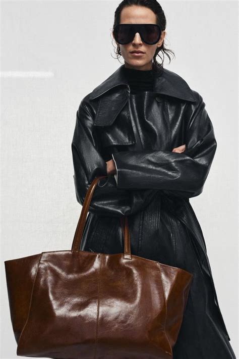 Leather Tote Bag With Topstitching Dark Tan Zara Canada