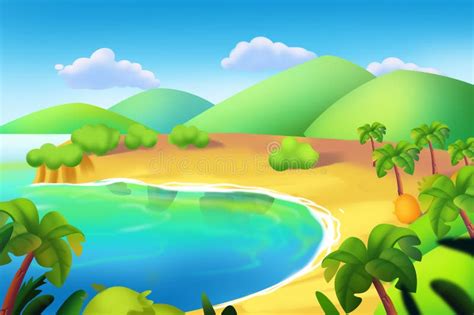 Beautiful Blue Lake And Green Dune In Desert Oasis Stock Illustration