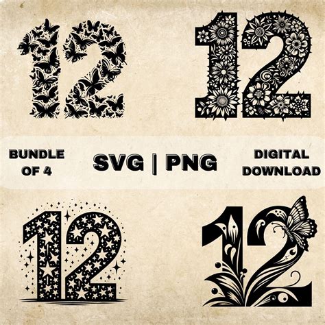 Number 12 Svg Bundle 12th Birthday Clipart Hand Drawn Twelve Themed