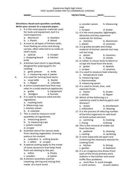 Testpaper For Commercial Cooking Grade 8 Pdf Tablespoon Kitchen