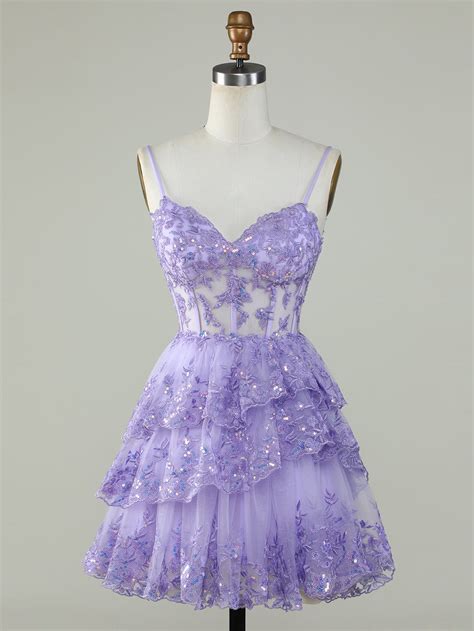 Ozakke A Line Ruffle Purple V Neck Backless Tulle Tiered Short