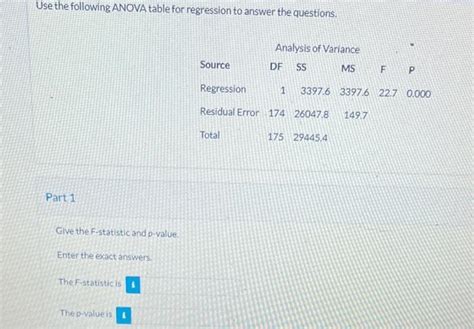 solved use the following anova table for regression to