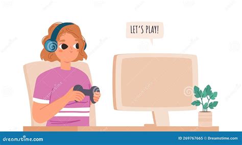 Girl Gamer Character And Computer Equipment Vector