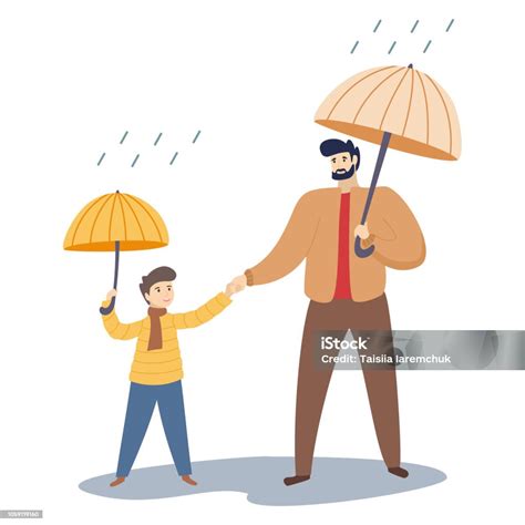 아버지와 아들이을 장 마 날씨에 도보 만화 캐릭터 흰색 배경에 고립입니다 벡터 일러스트입니다 가을에 대한 스톡 벡터 아트 및